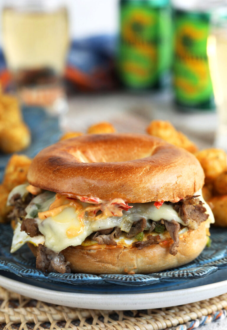 Philly Cheesesteak Breakfast Bagel Sandwich - The Suburban Soapbox